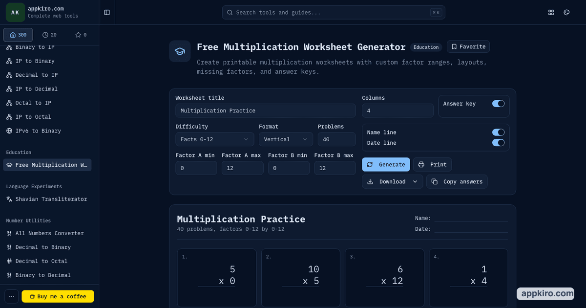 Free Multiplication Worksheet Generator with Answer Key | appkiro.com